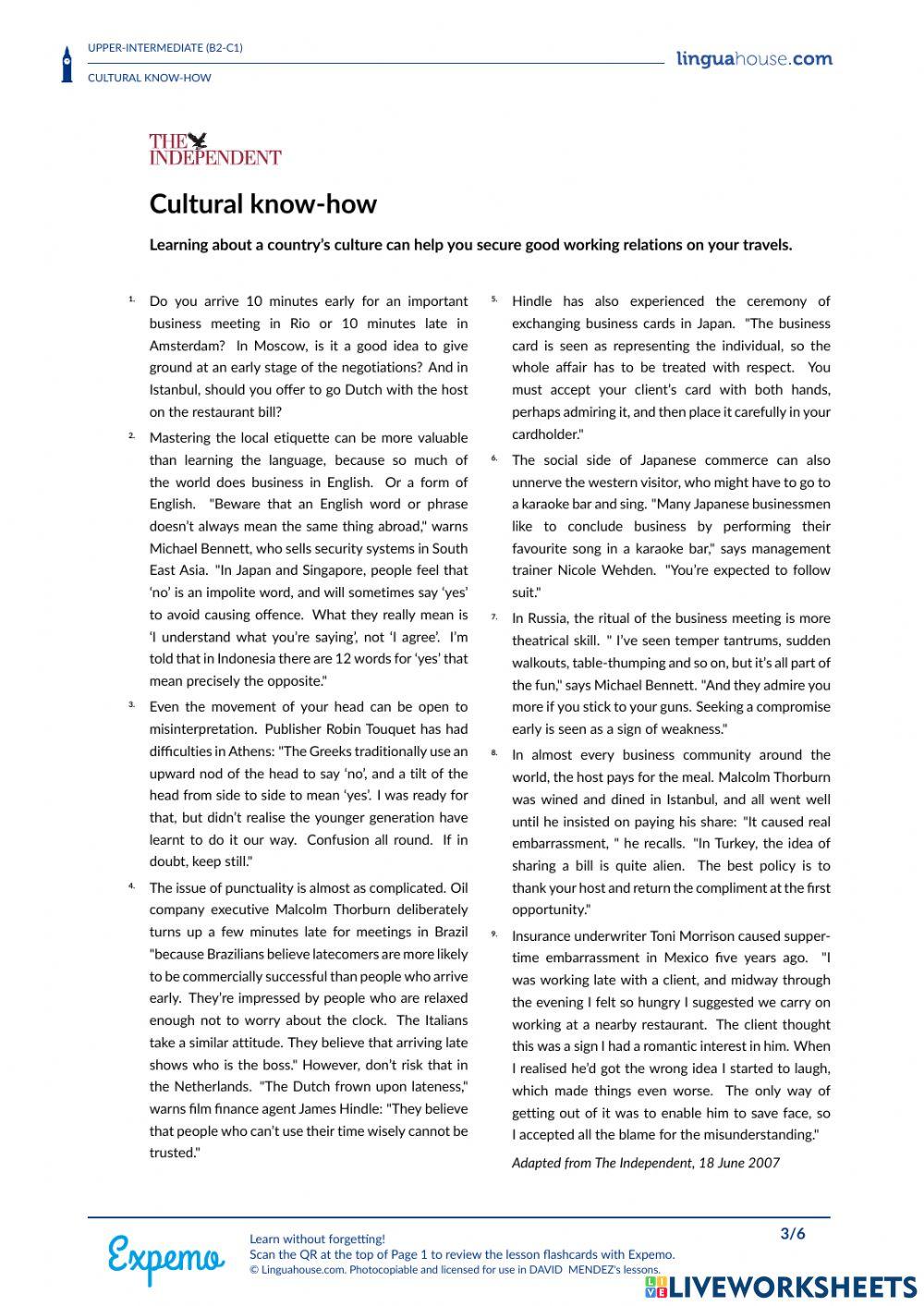 Cultural know how worksheet | Live Worksheets