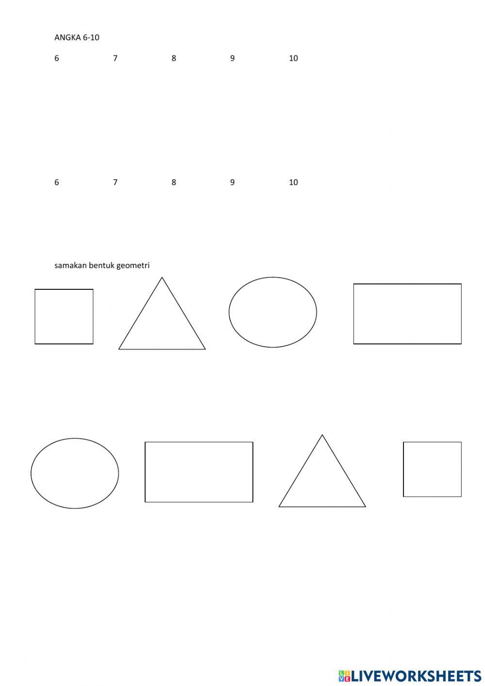 Angka 6-10 dan bentuk geometri worksheet | Live Worksheets