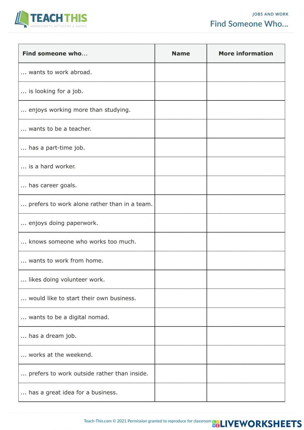 Find Someone Who, Jobs online exercise for | Live Worksheets