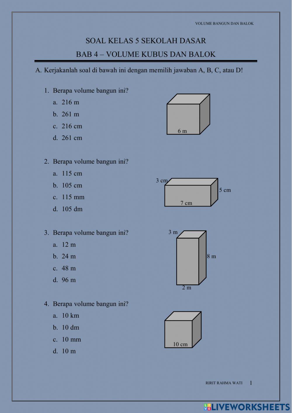 Volume Kubus dan Balok free worksheet | Live Worksheets