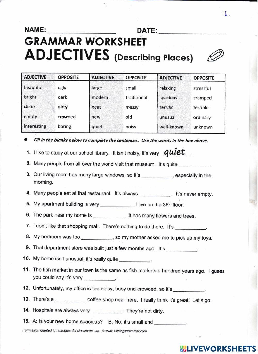 Adjectives (describing places) online exercise for | Live Worksheets