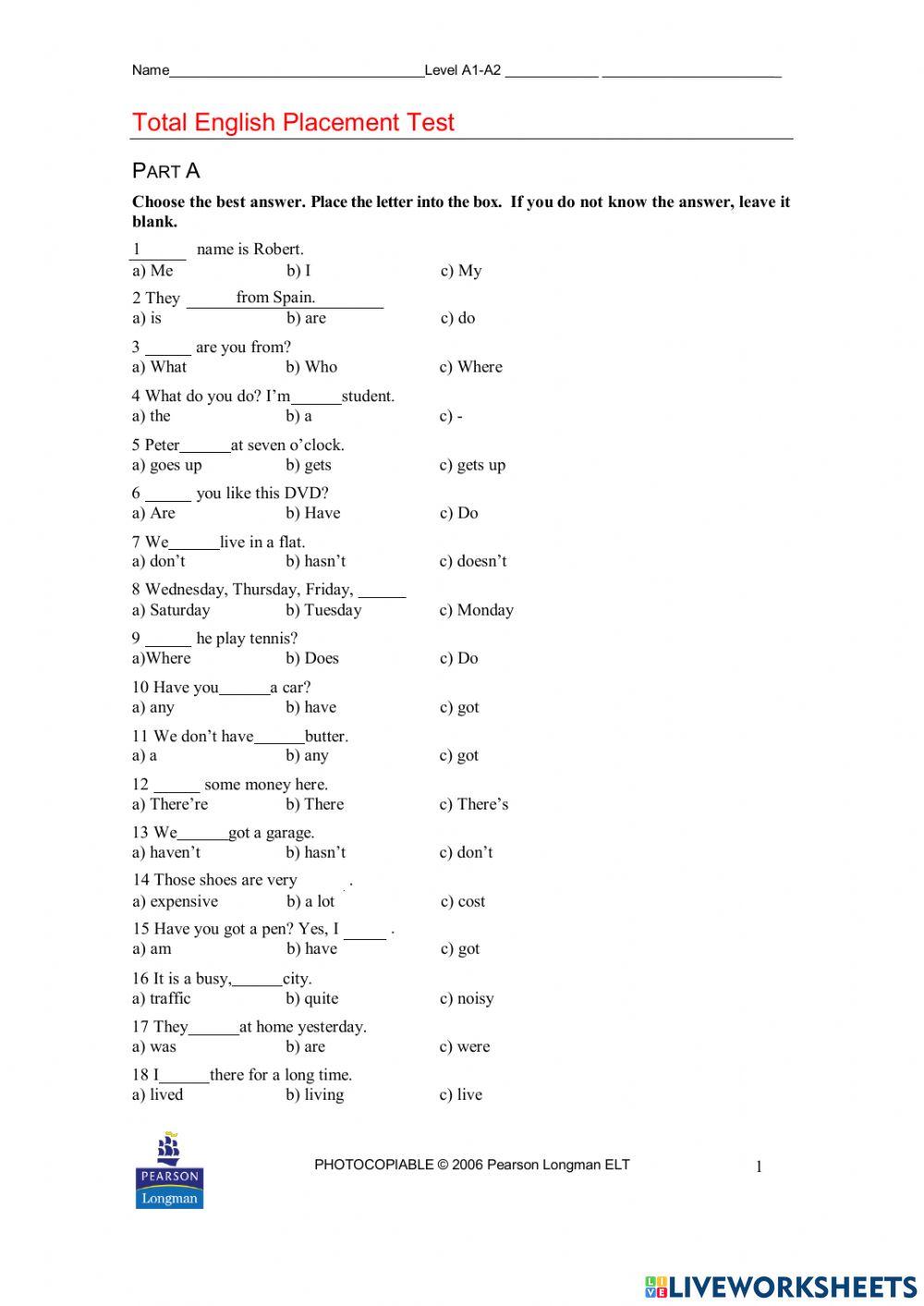 Placement Test A1-A2 online exercise for | Live Worksheets