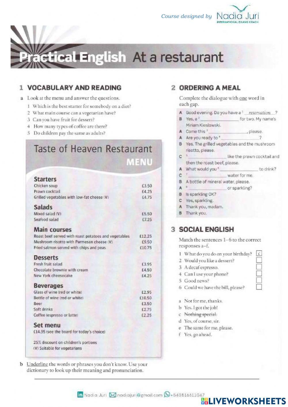 PRACTICAL ENGLISH AT THE RESTAURANT online exercise for | Live Worksheets