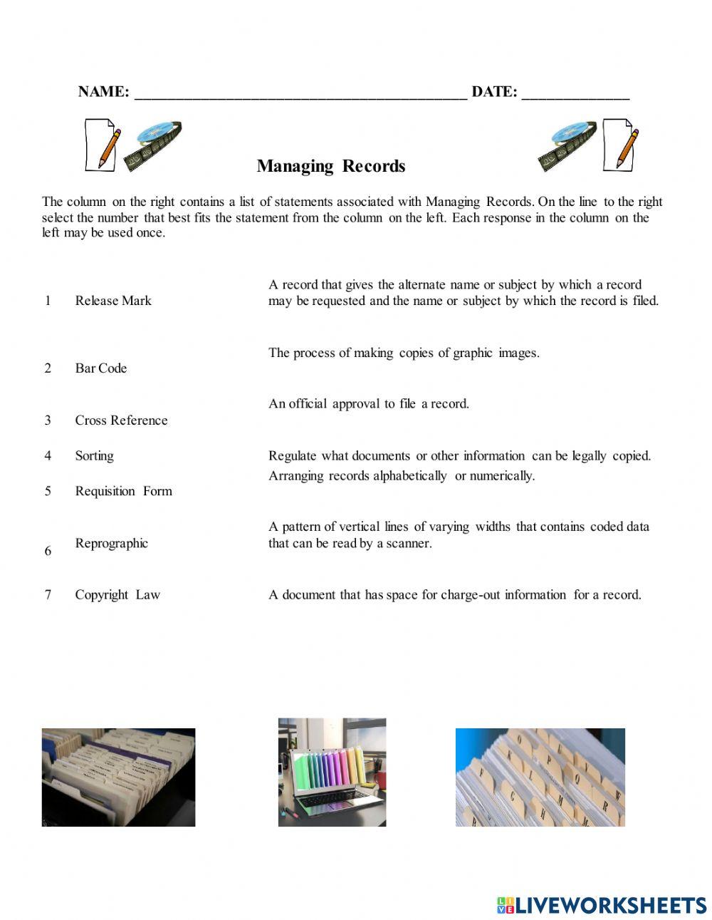 Managing Records worksheet | Live Worksheets