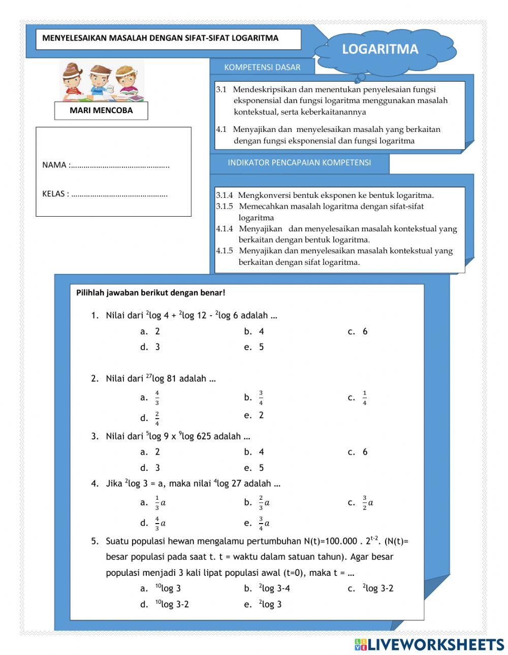 Evaluasi logaritma activity | Live Worksheets