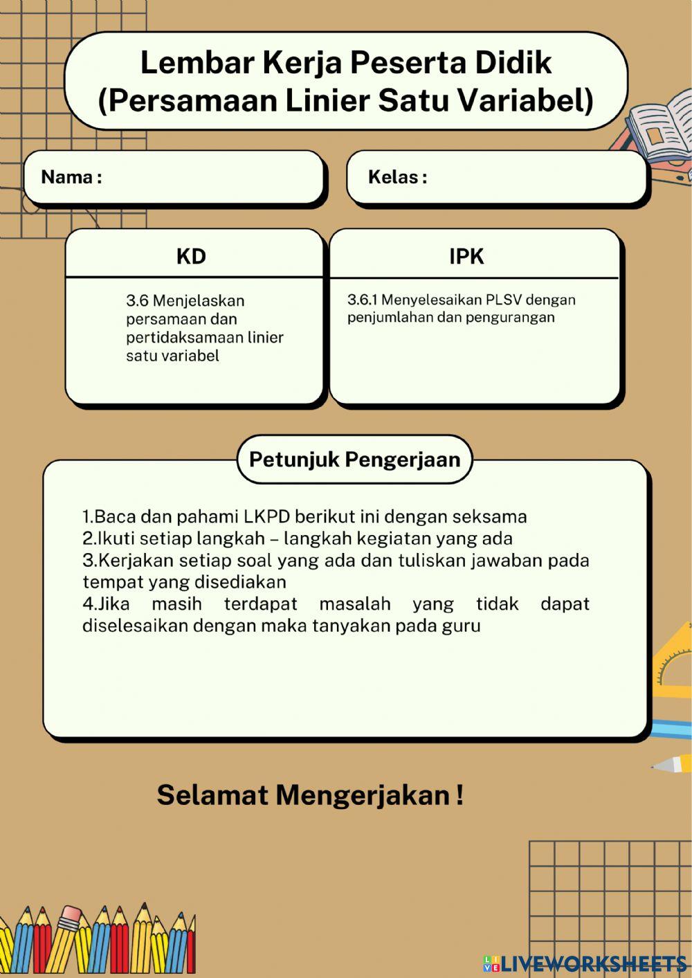 E-lkpd plsv 2 | Free Interactive Worksheets | 2218373