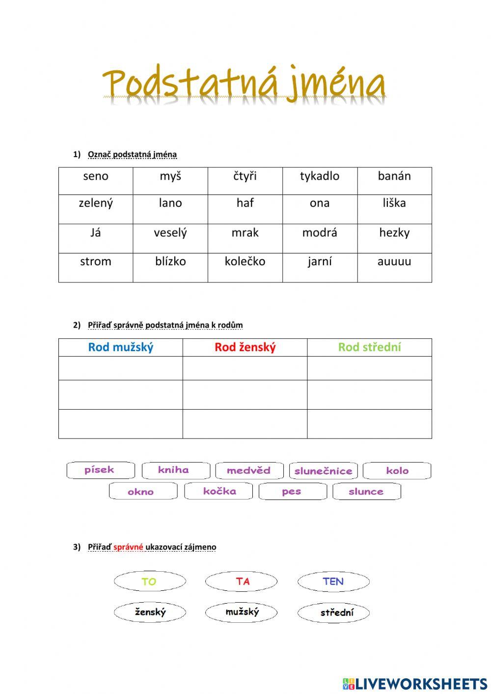 Pracovní list - podstatná jména online exercise | Live Worksheets