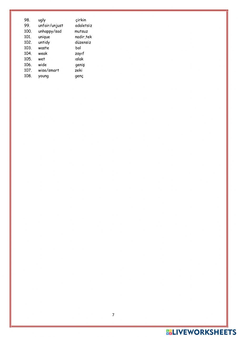 Most Common Elementary Adjectives worksheet | Live Worksheets