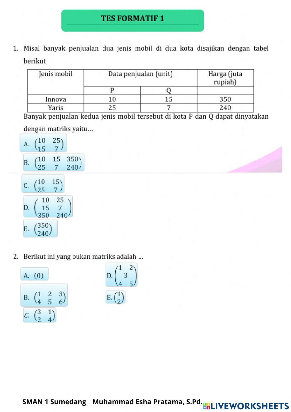Tes formatif 1 online exercise for | Live Worksheets