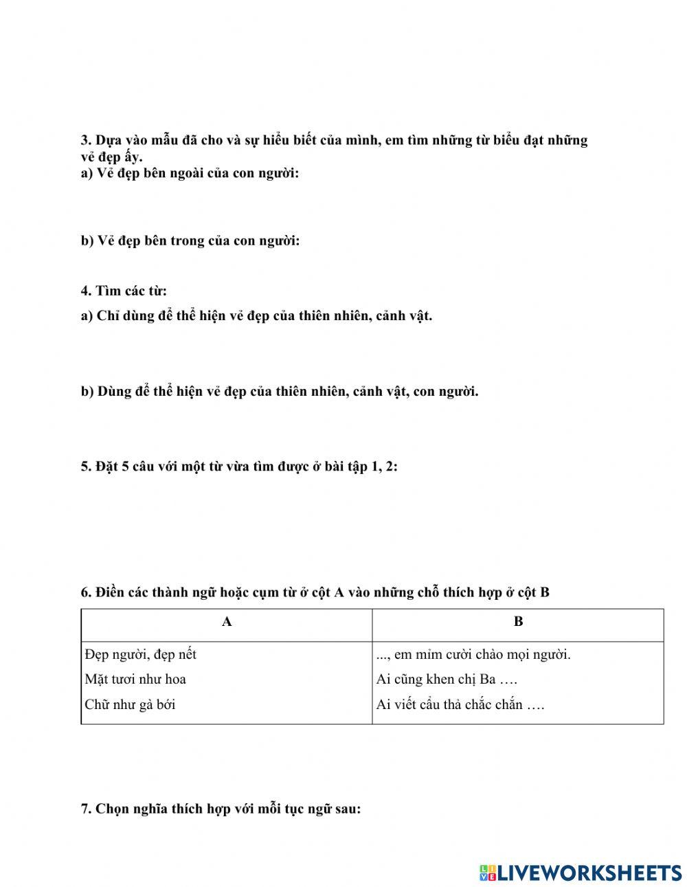 Vietnamese interactive worksheet for 4 | Live Worksheets