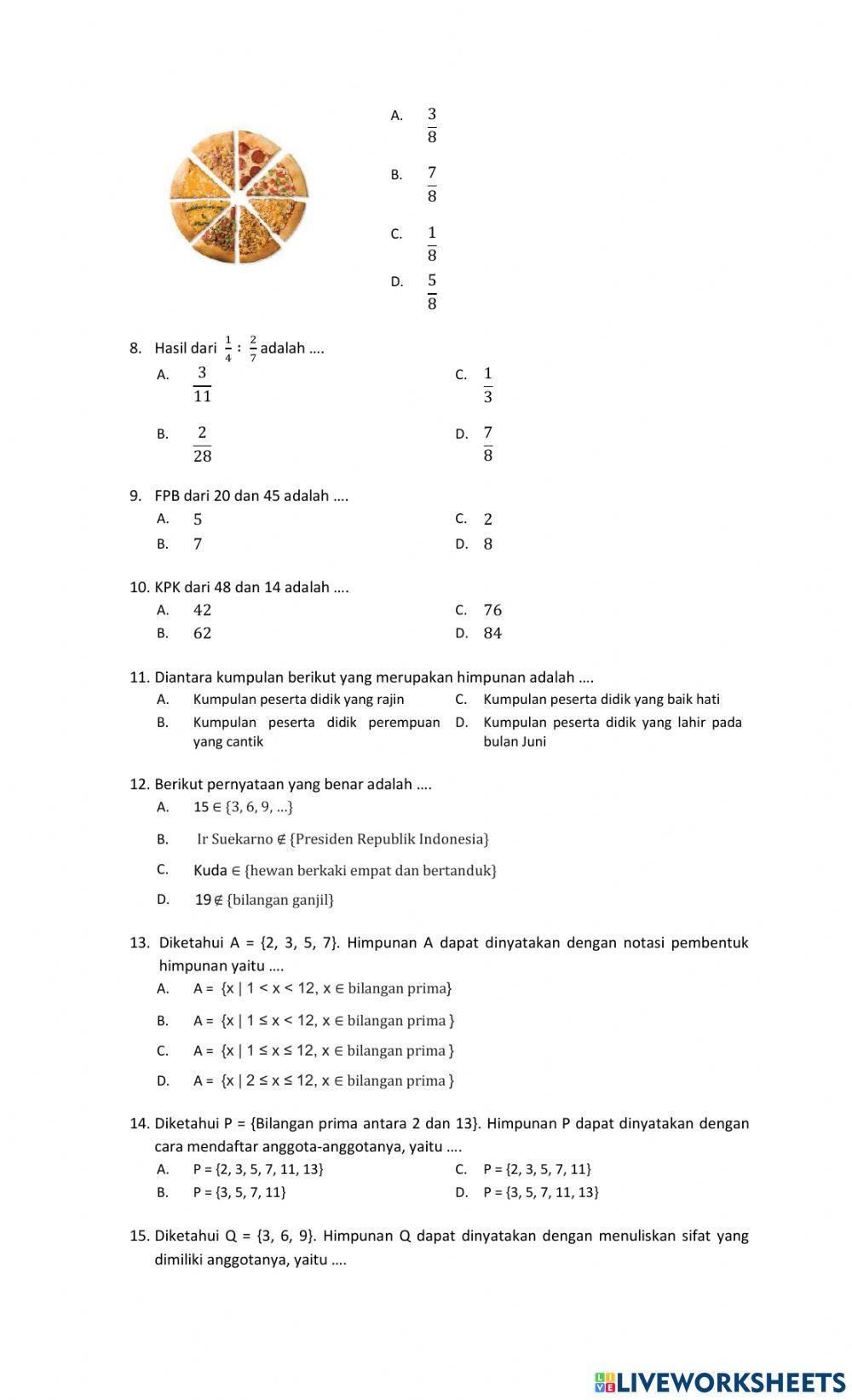 Matematika Kelas 7 2219039 | Fitriani | Live Worksheets