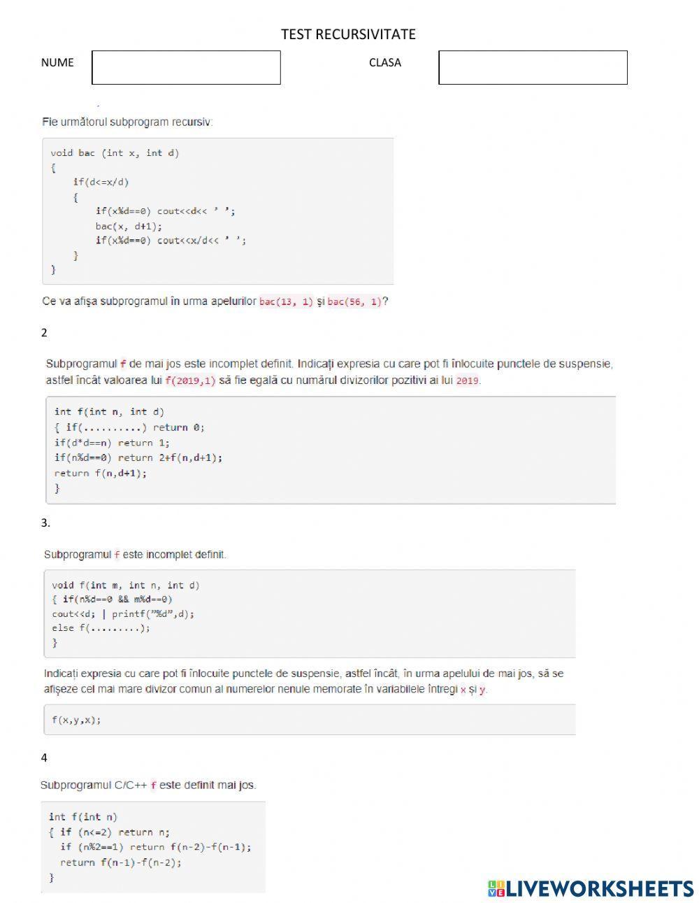Test recursivit… | Free Interactive Worksheets | 2219299