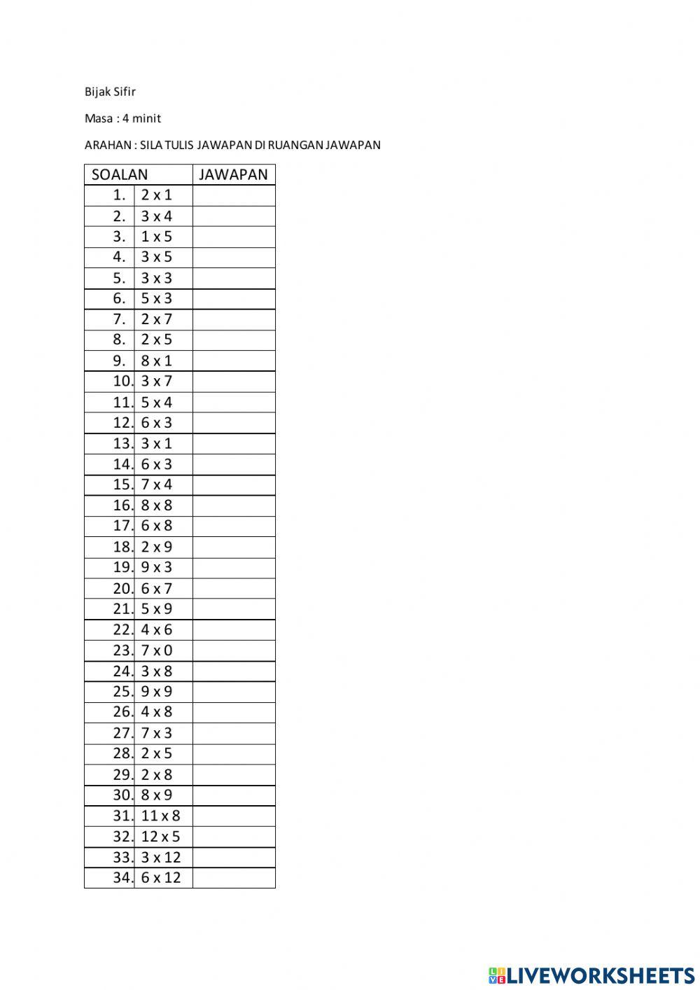 Pdf online worksheet: Sifir | Live Worksheets