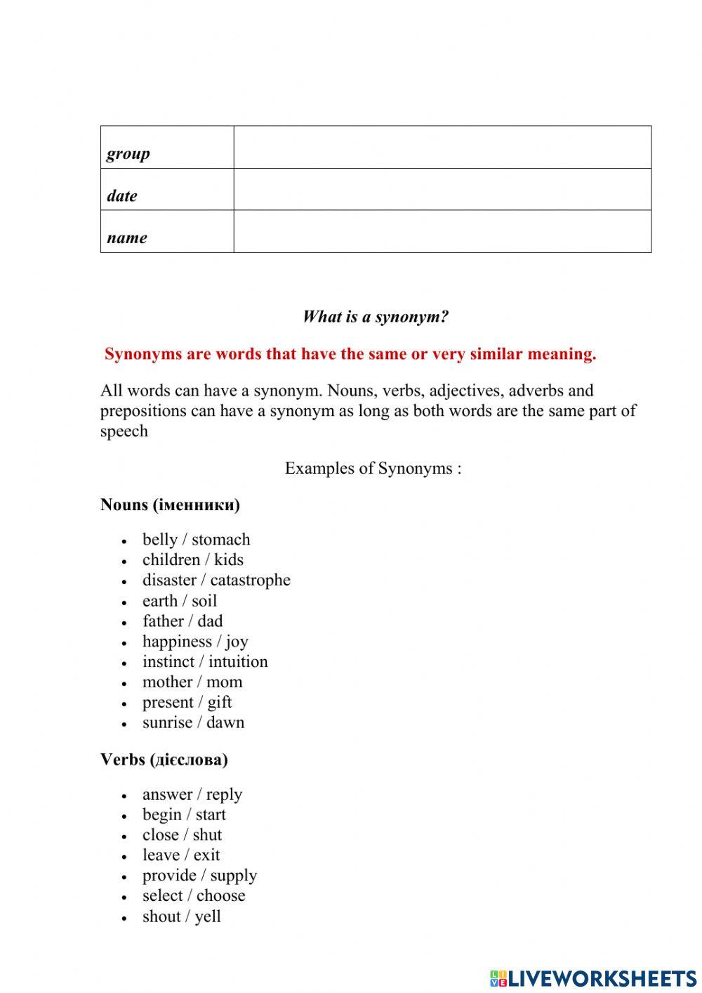 Synonyms online exercise for 11 | Live Worksheets