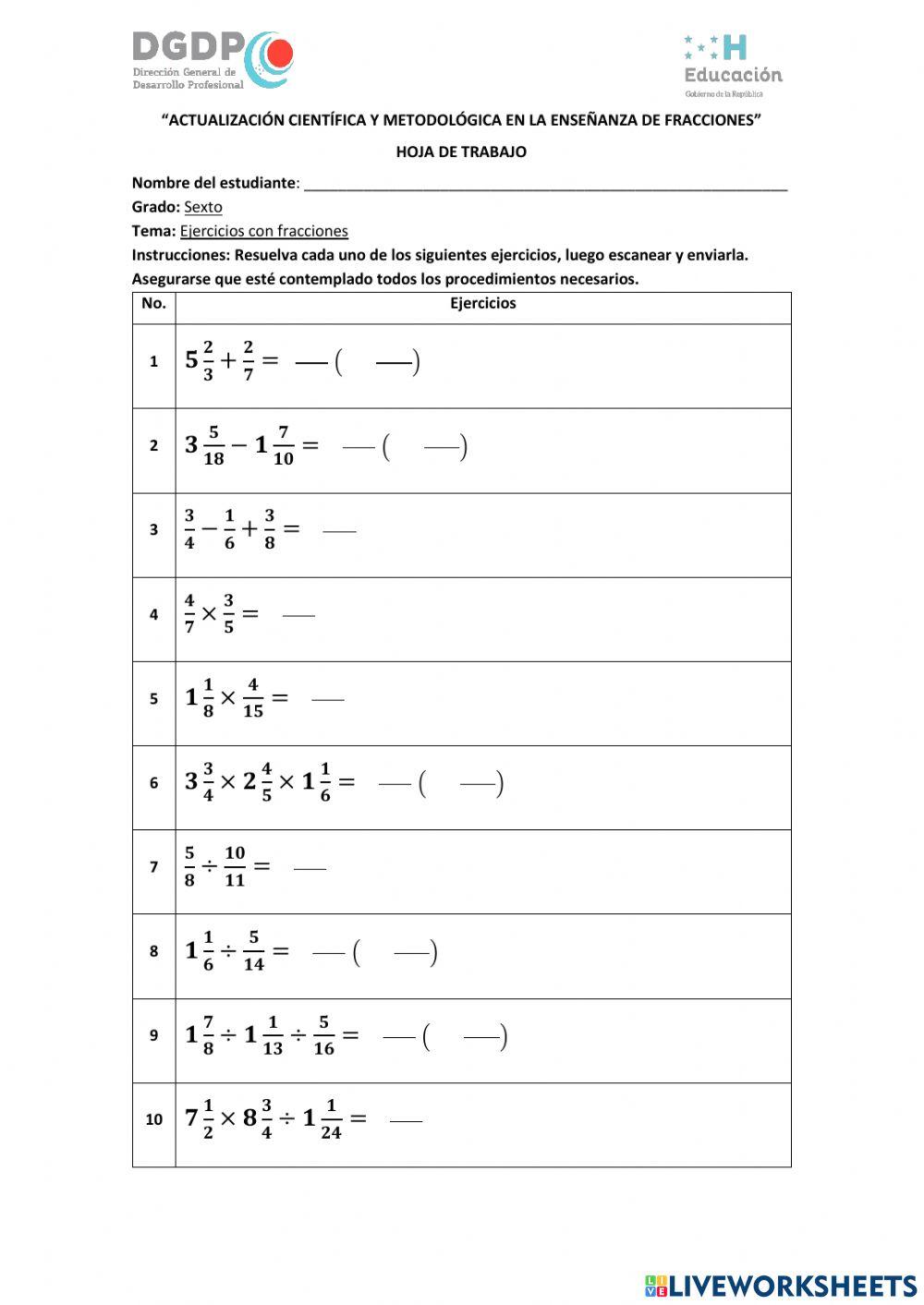 Ejercicios con fracciones activity | Live Worksheets