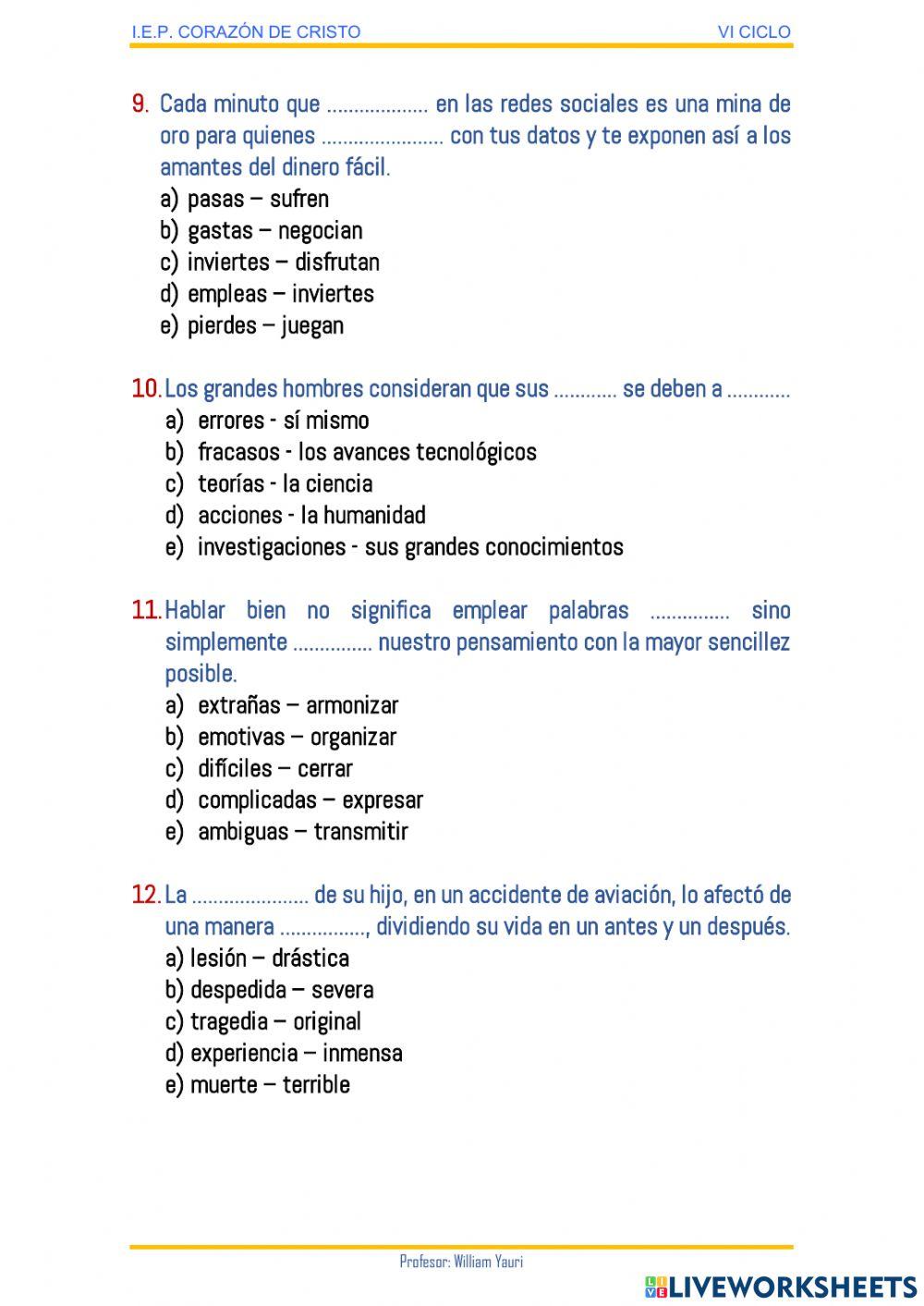 Oraciones incompletas activity for Ciclo VI | Live Worksheets
