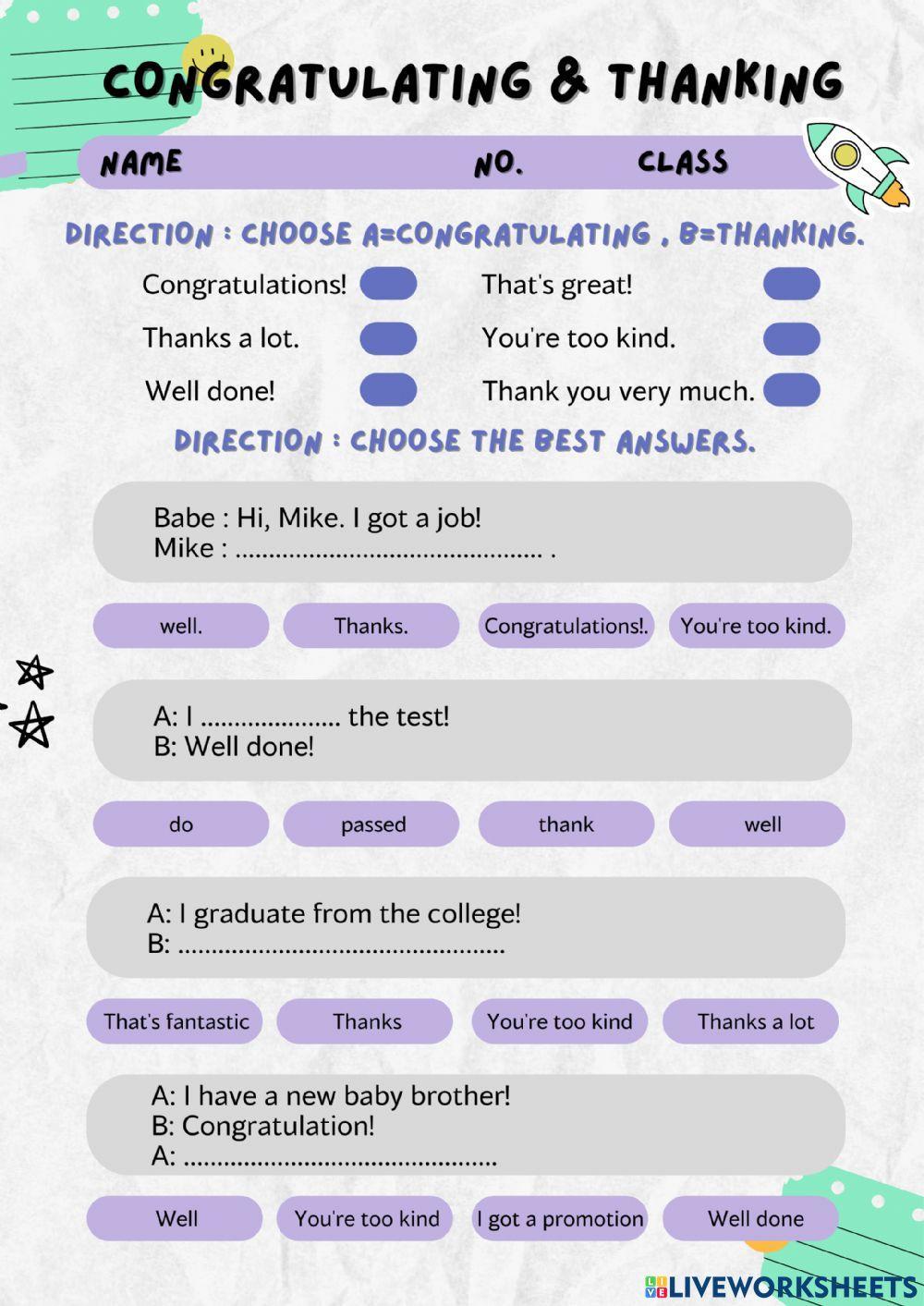 Congratulating and thanking worksheet | Live Worksheets