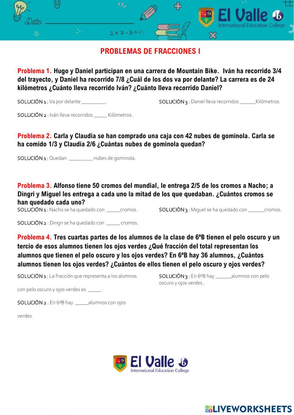 Problemas fracciones i worksheet | Live Worksheets