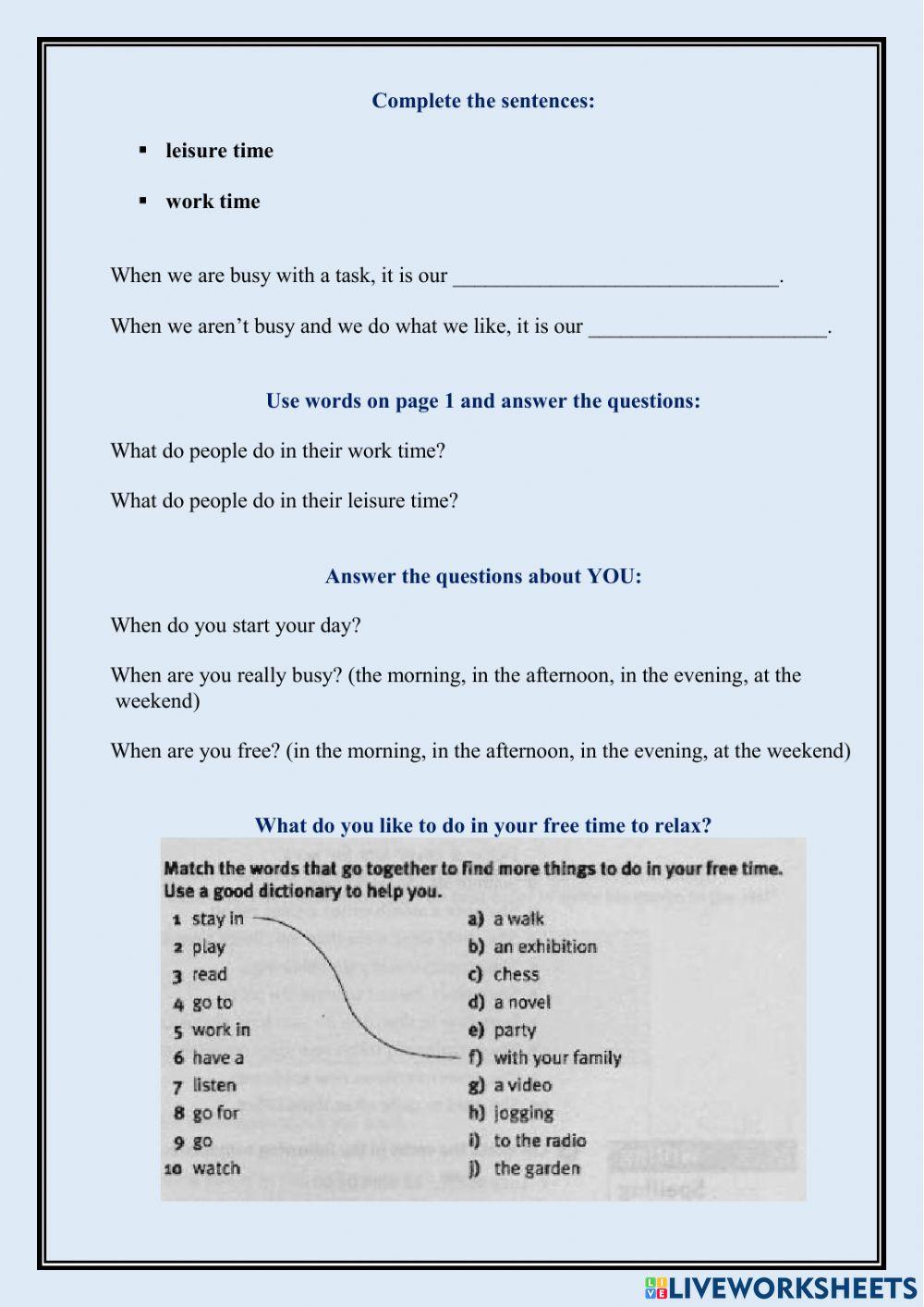 Work And Leisure Interactive Worksheet Live Worksheets
