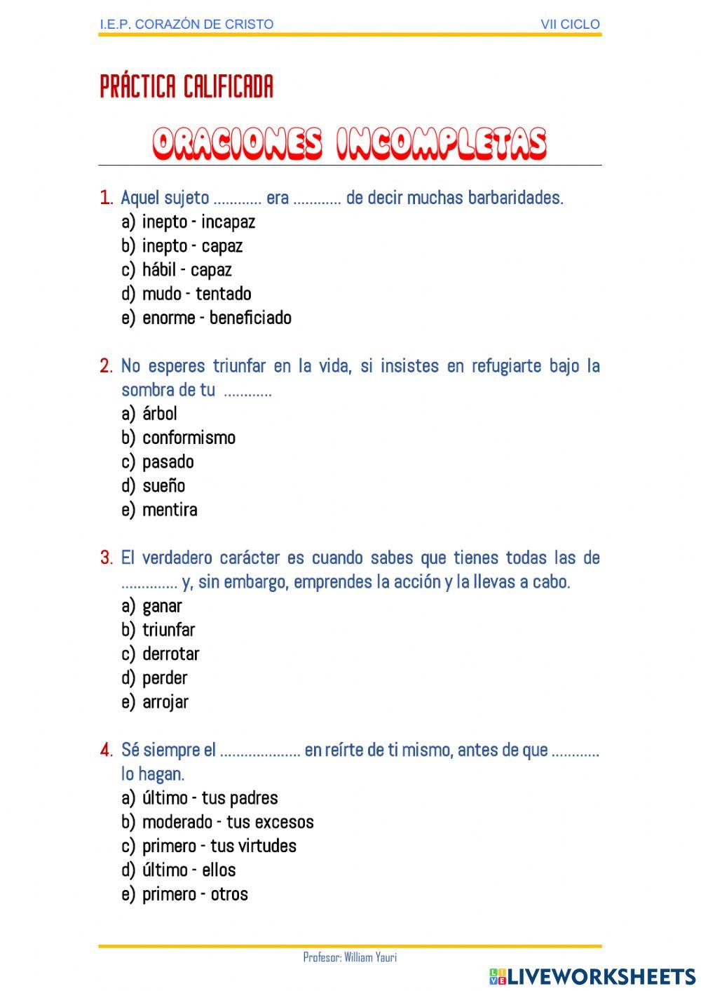 Oraciones incompletas exercise for Ciclo VII | Live Worksheets
