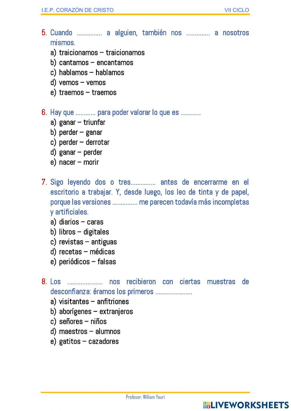 Oraciones incompletas exercise for Ciclo VII | Live Worksheets