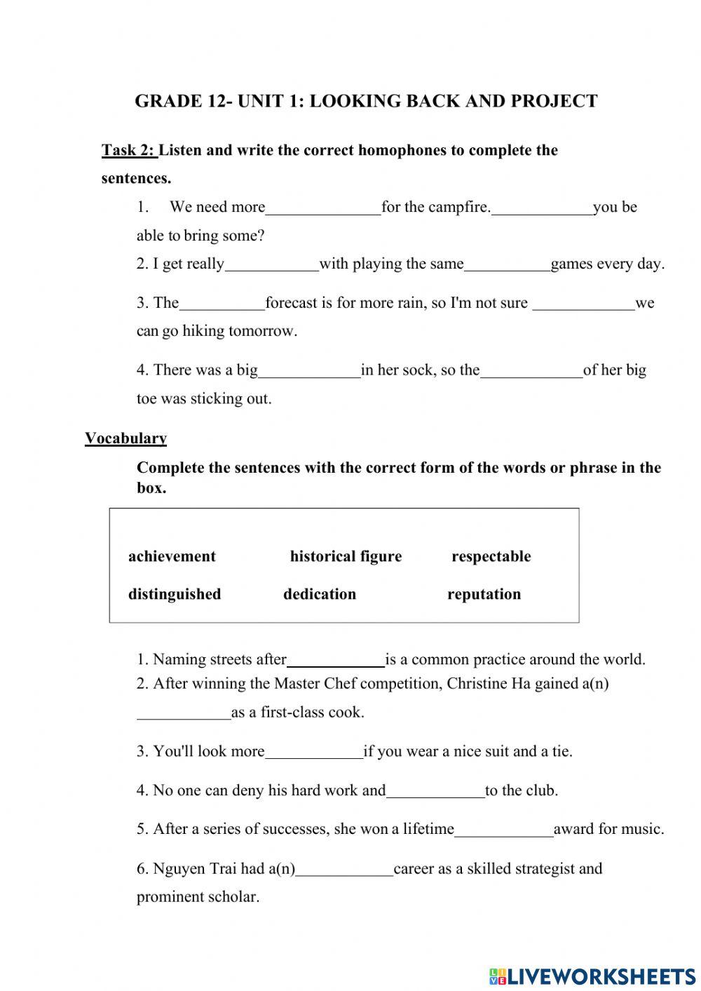 Grade 12: unit 1 - life stories - looking back worksheet | Live Worksheets