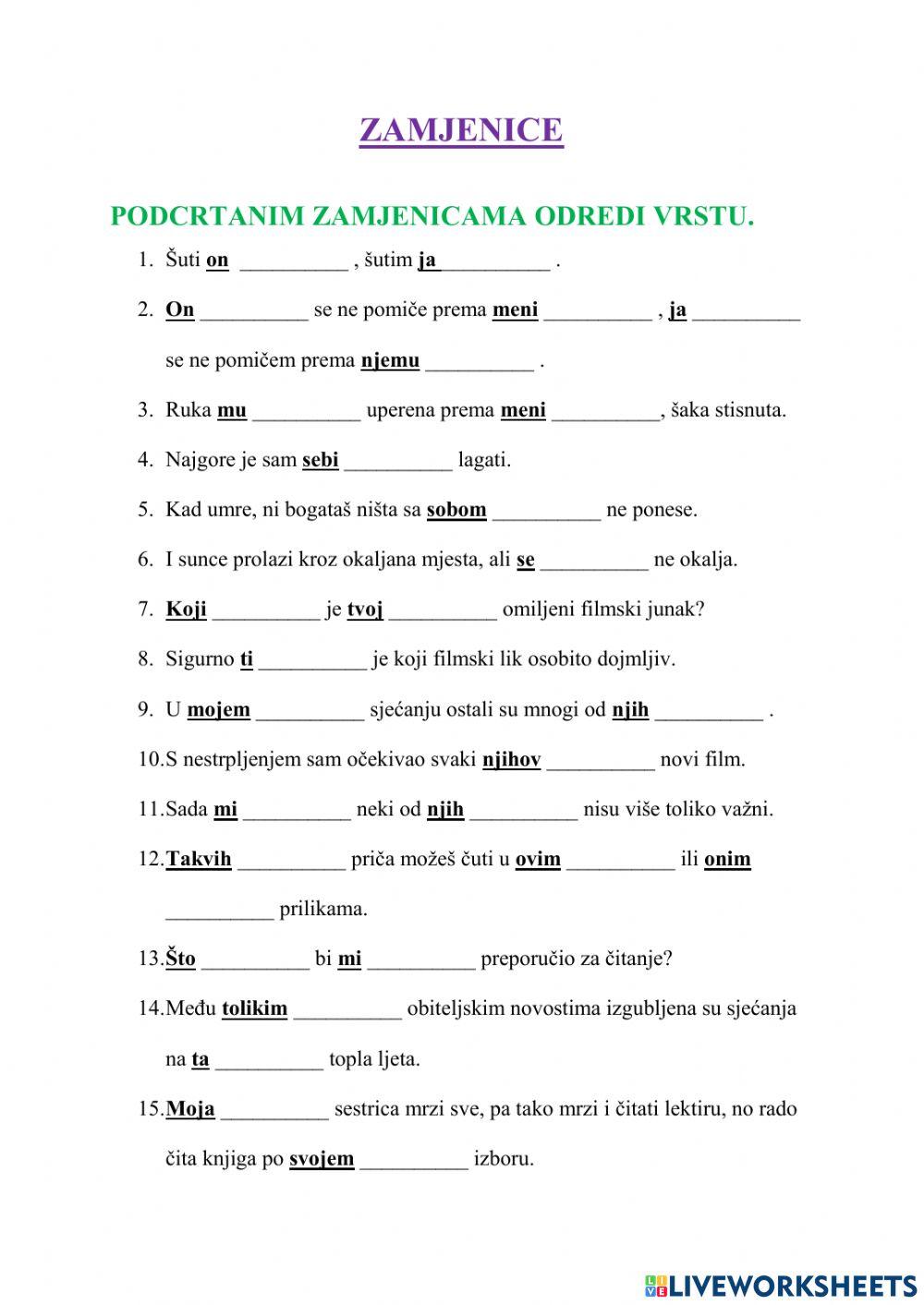 Zamjenice (6) -… | Free Interactive Worksheets | 2221874