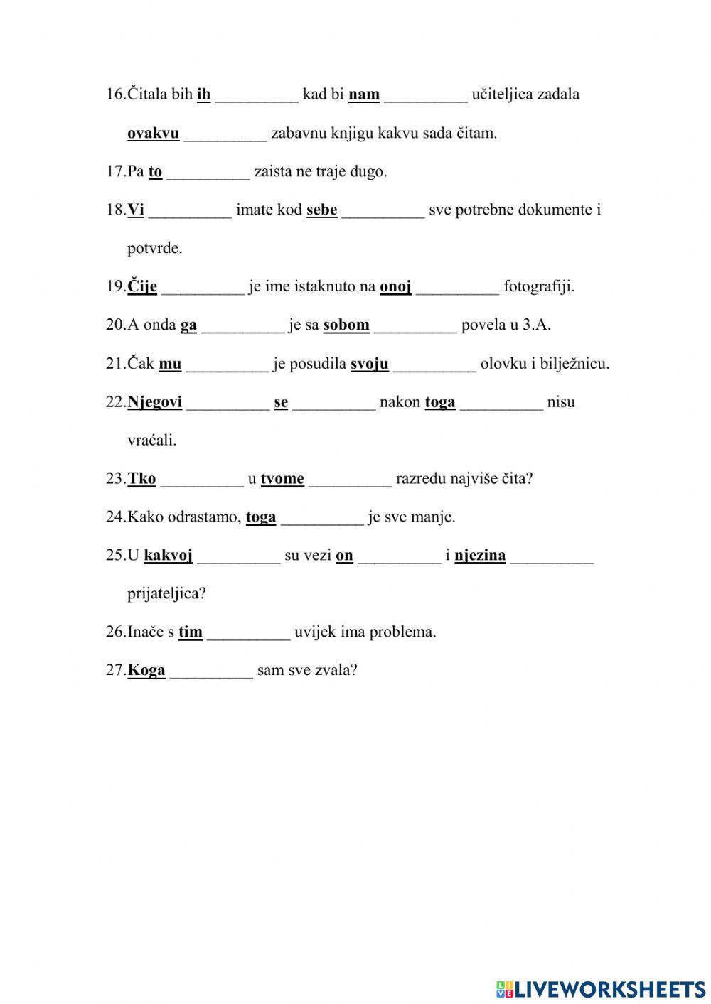 Zamjenice (6) -… | Free Interactive Worksheets | 2221874