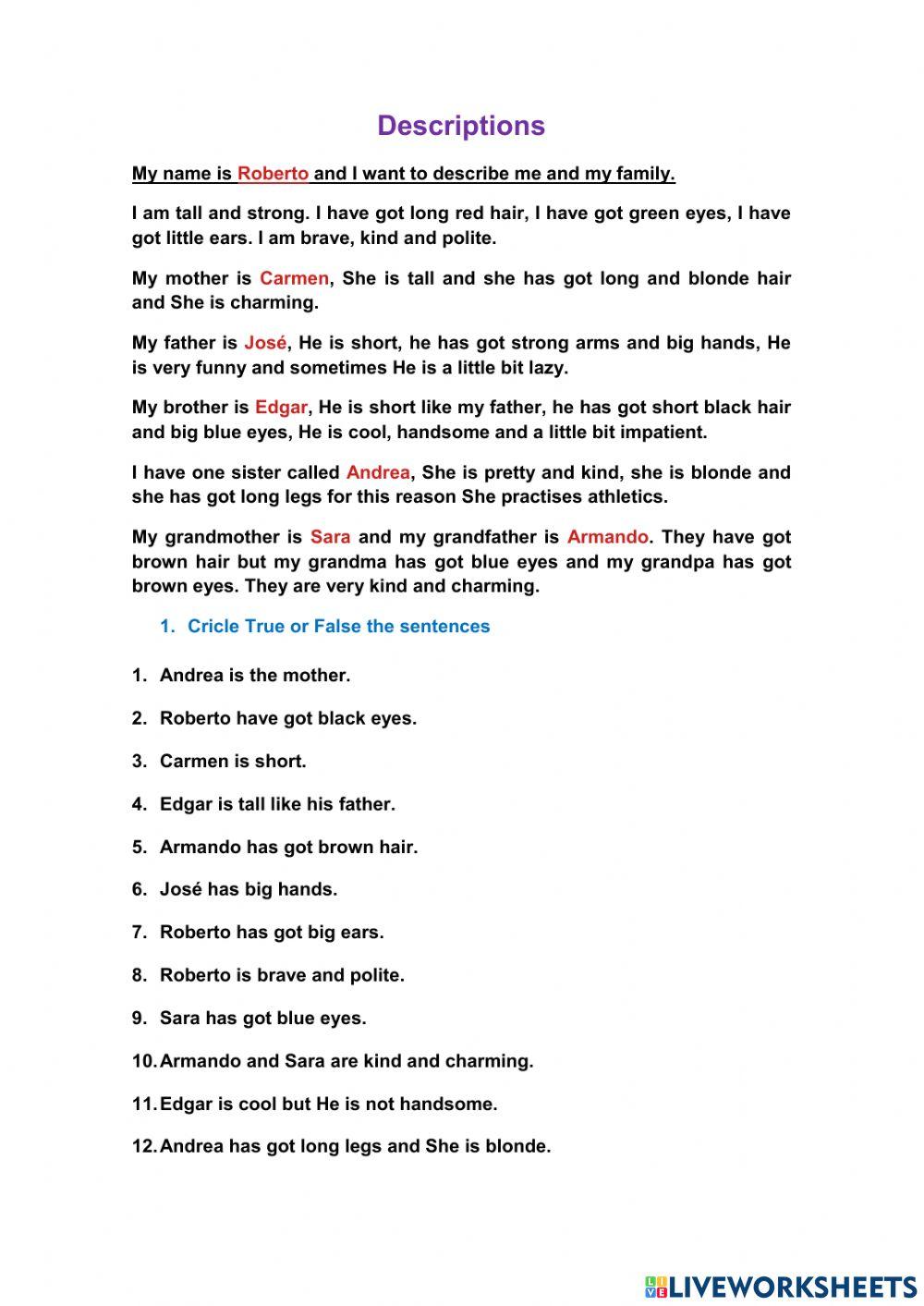 Descriptions in… | Free Interactive Worksheets | 2222348