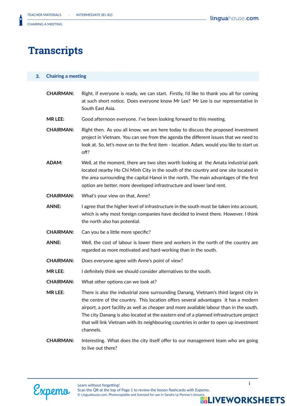 Chairing a meet… | Free Interactive Worksheets | 6916051