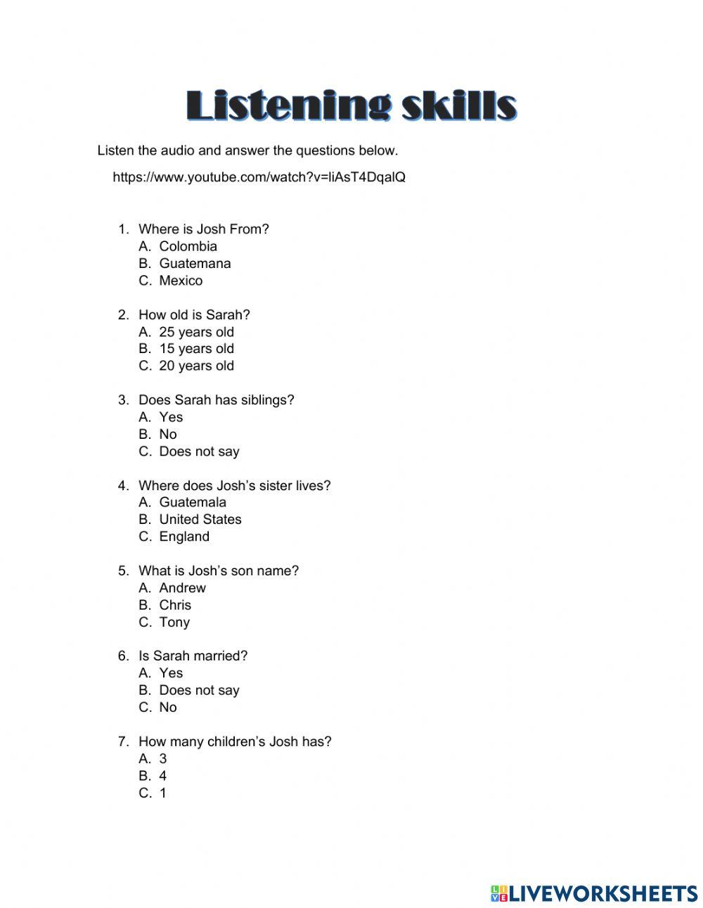 Receptive and productive skills worksheet | Live Worksheets