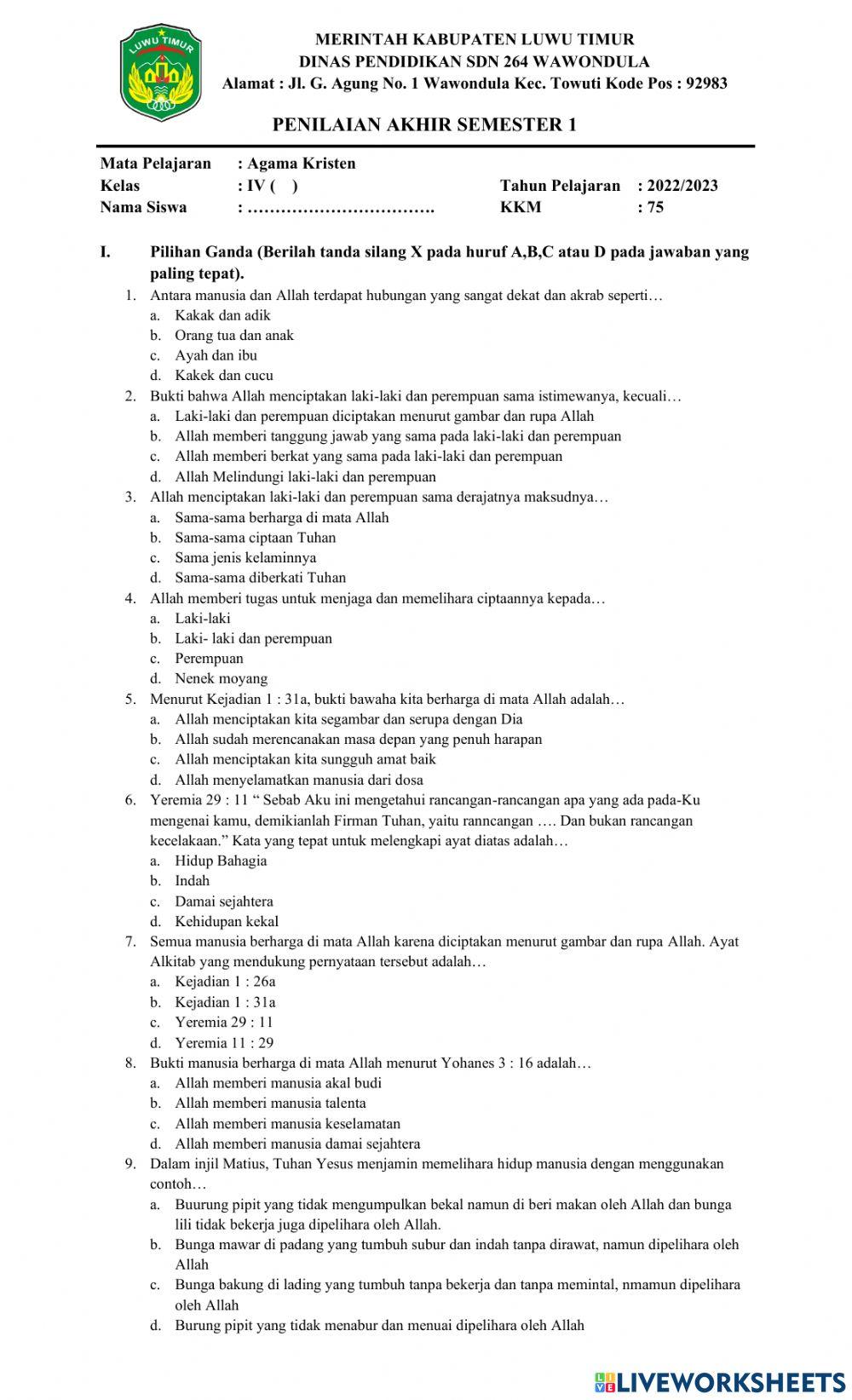 PAS PAK semester 1 KLS 4 activity for 4 | Live Worksheets