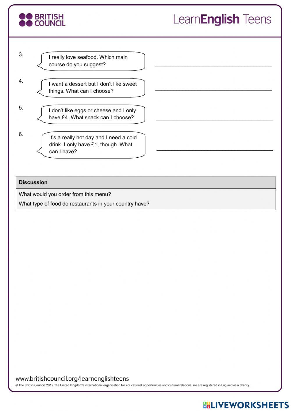 A RESTAURANT MENU EXERCISES online exercise for | Live Worksheets