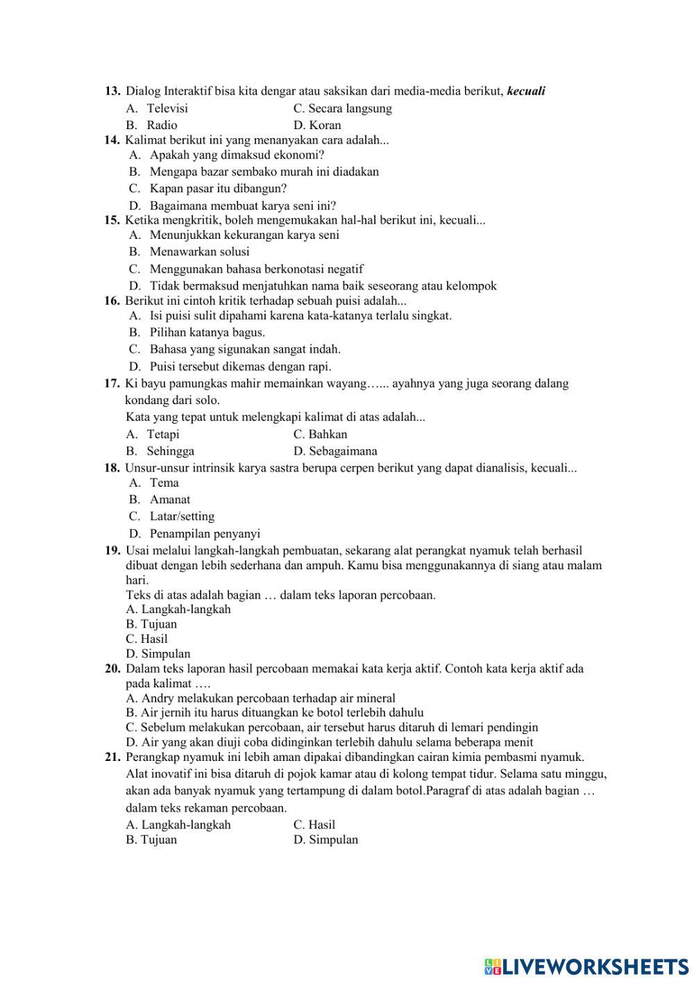 Soal PAS Bahasa Indonesia Kelas 9 TP 2022-2023 worksheet | Live Worksheets