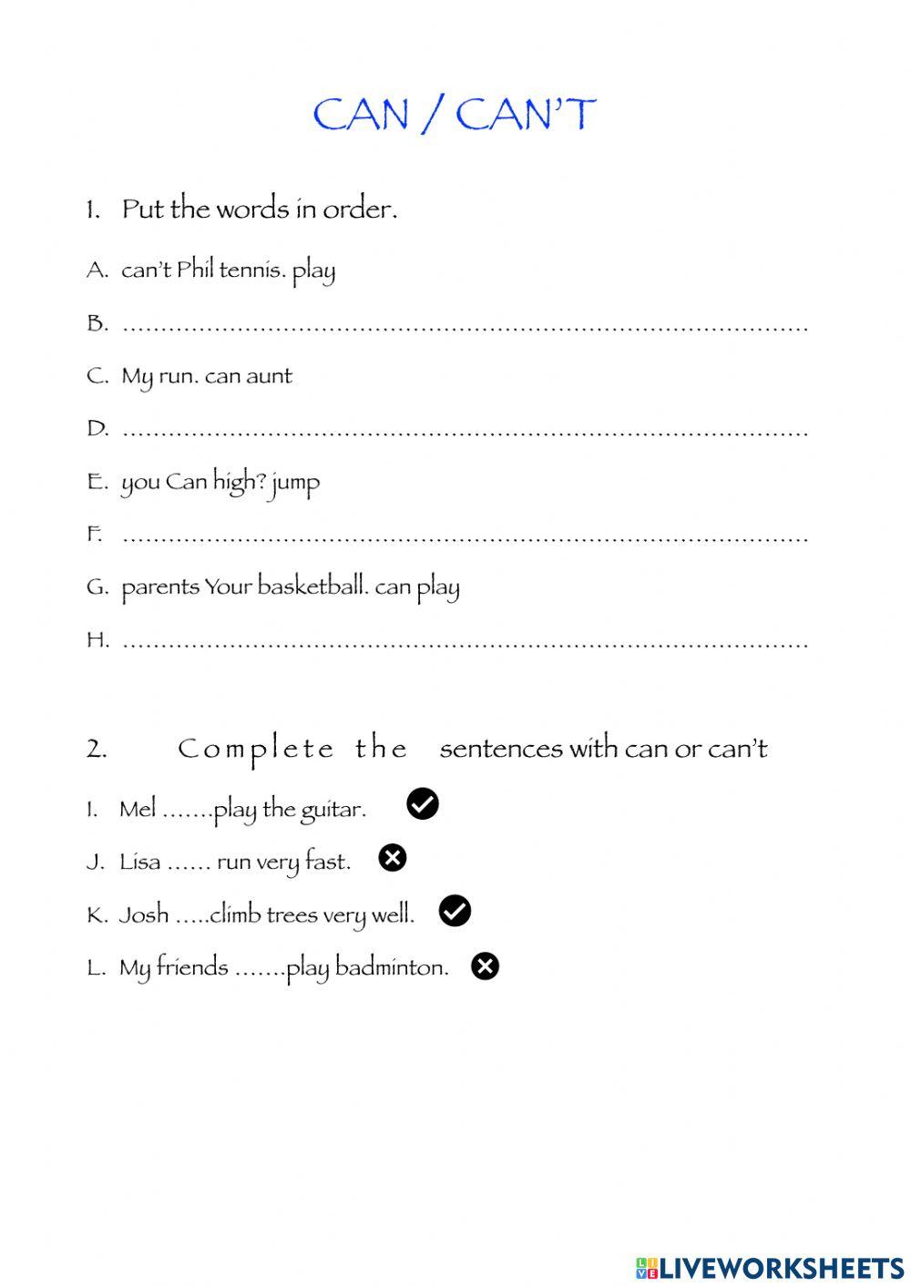 Can -can't online worksheet | Live Worksheets