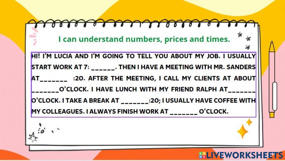 Numbers, prices and times. worksheet | Live Worksheets