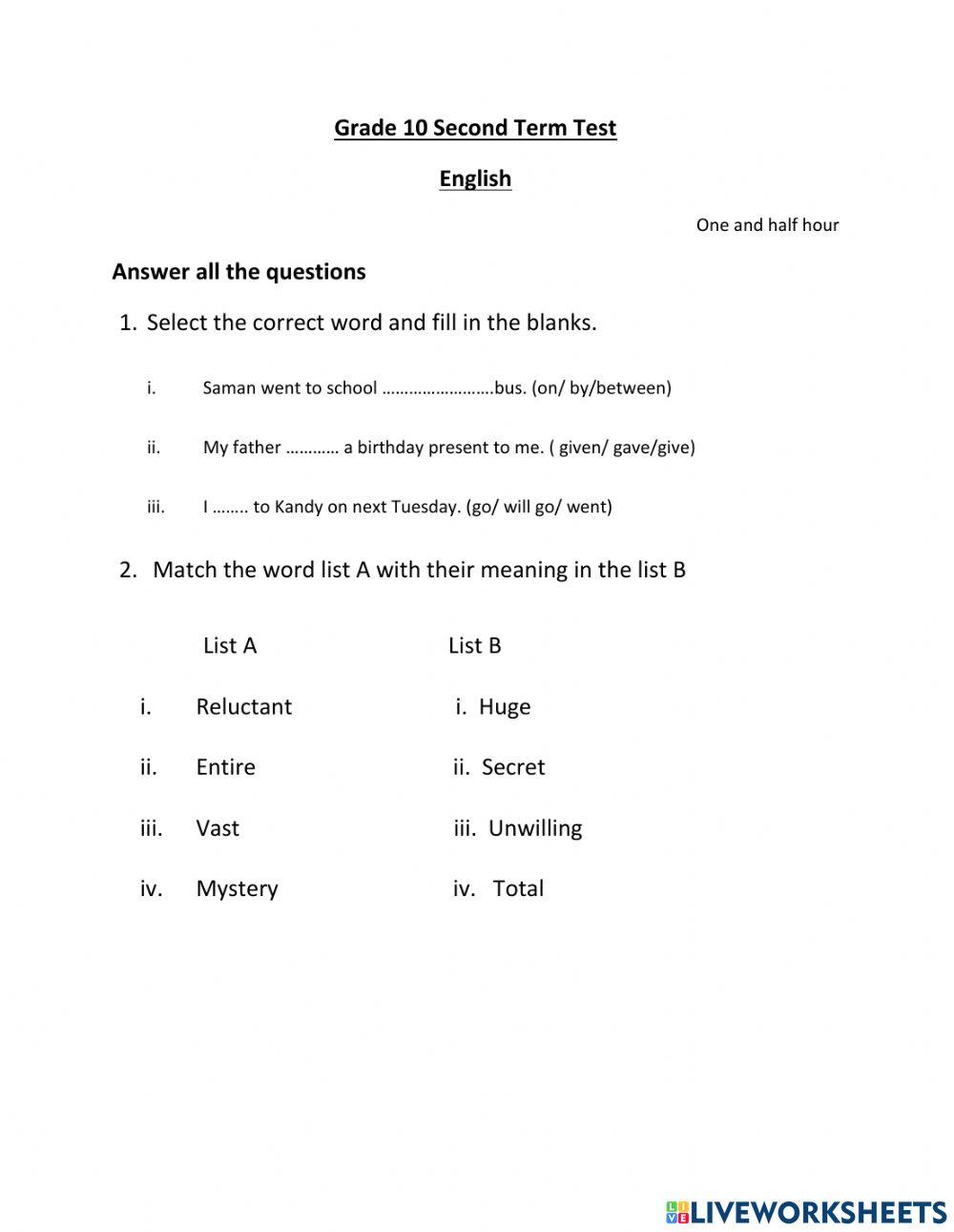Grade 10 - Term Test worksheet | Live Worksheets