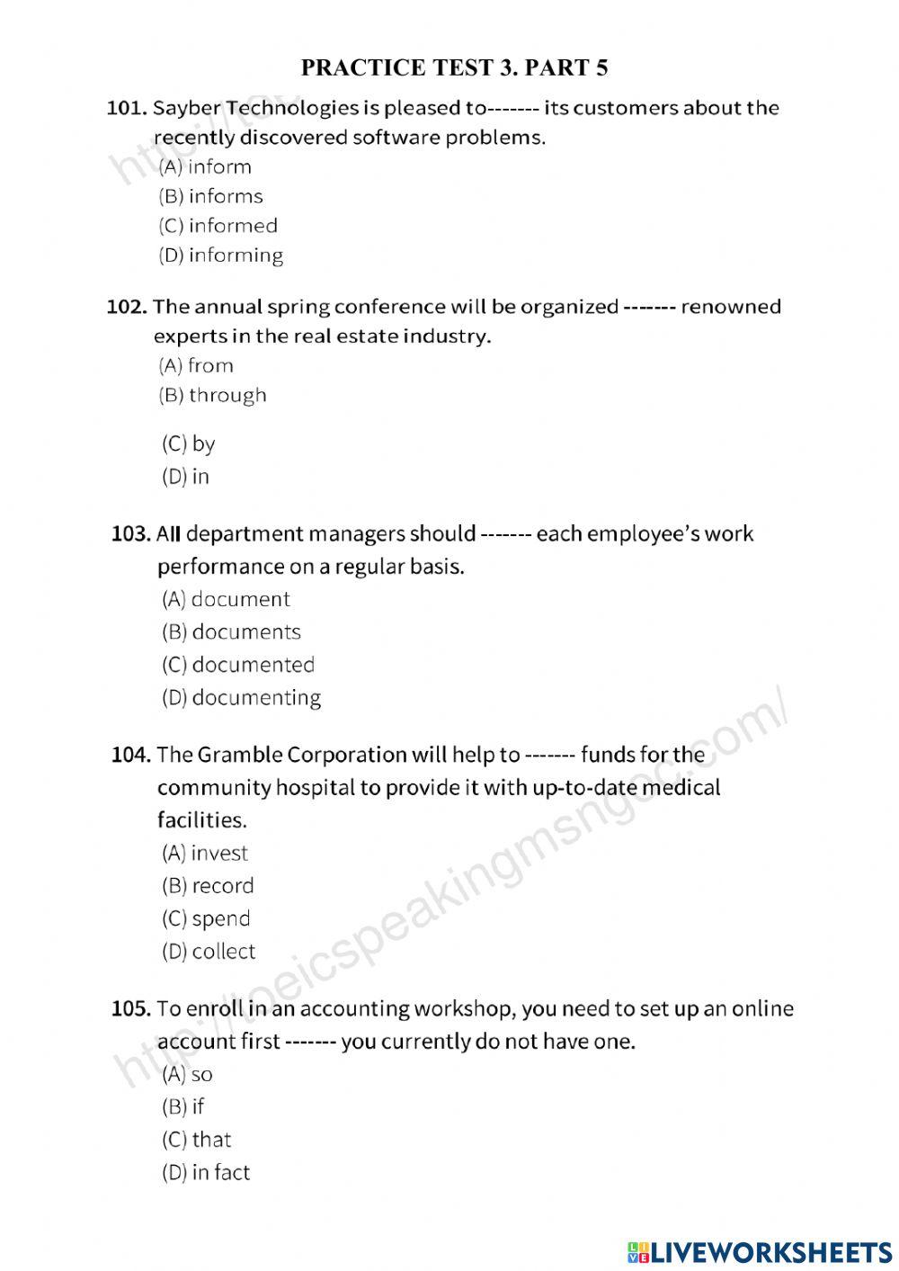 Reading test 3. part 5 worksheet | Live Worksheets