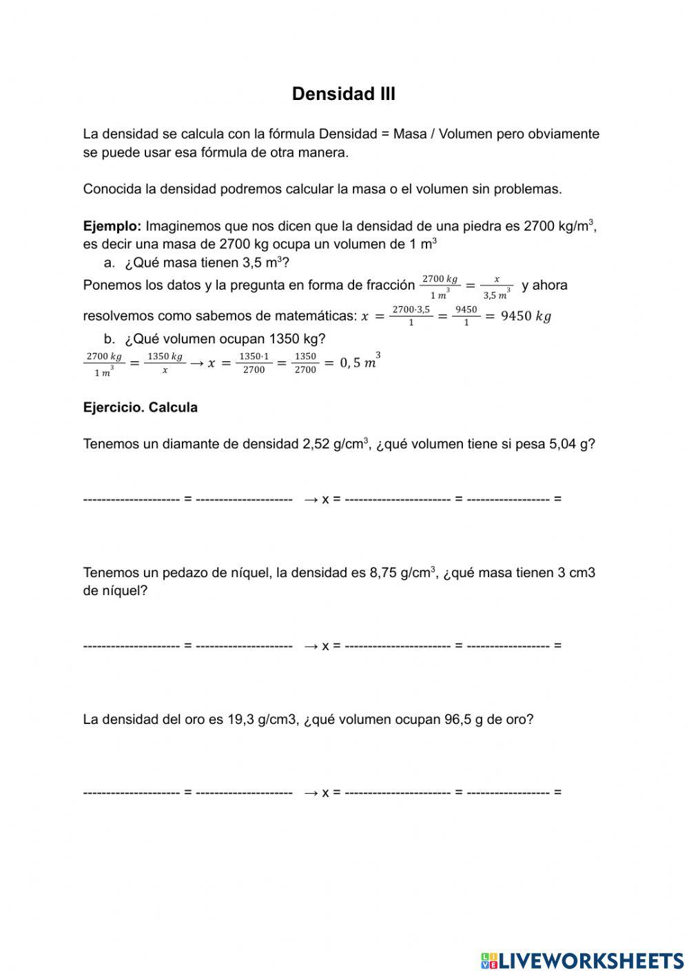 Densidad 3 worksheet | Live Worksheets