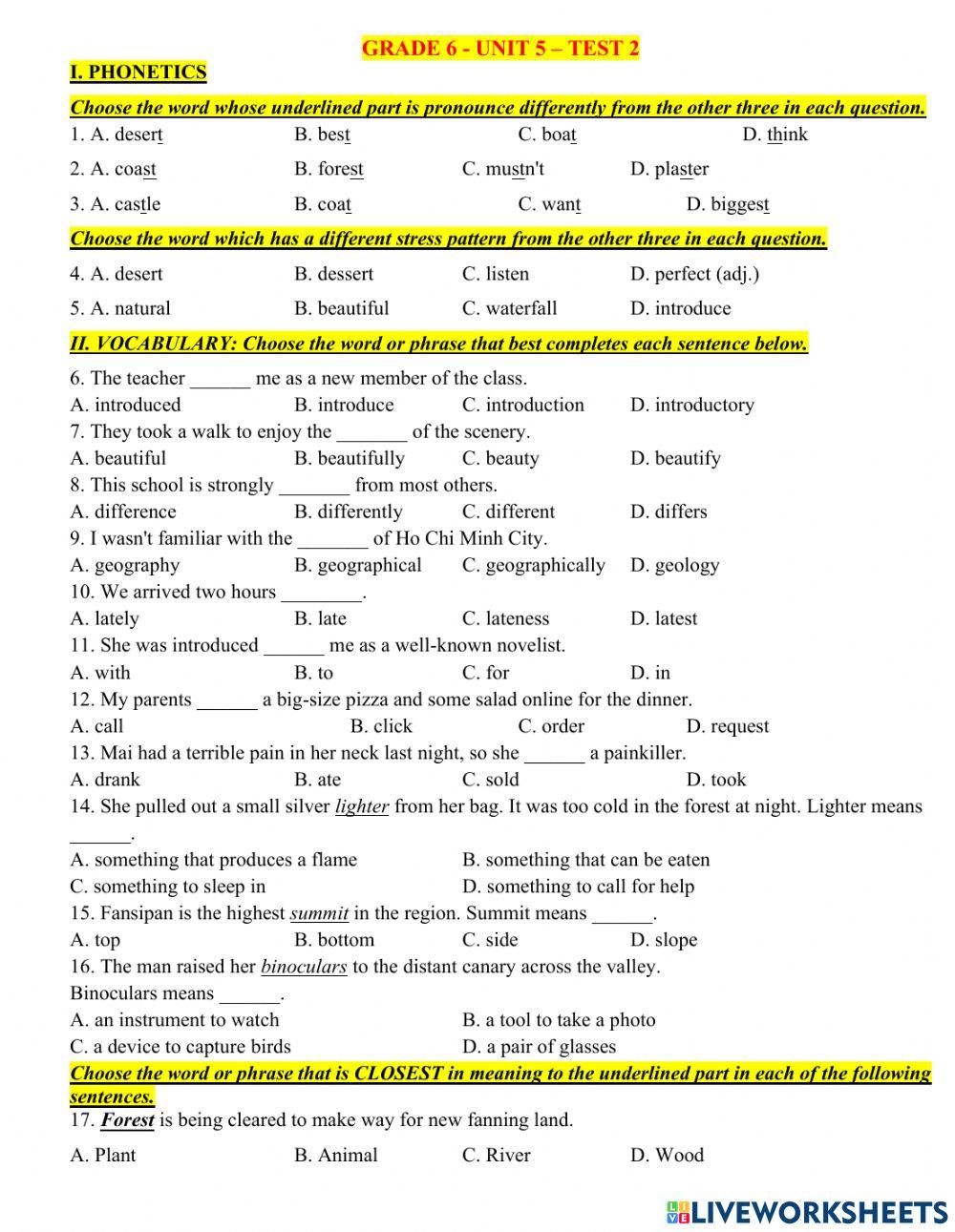 G6-test for uni… | Free Interactive Worksheets | 2224554