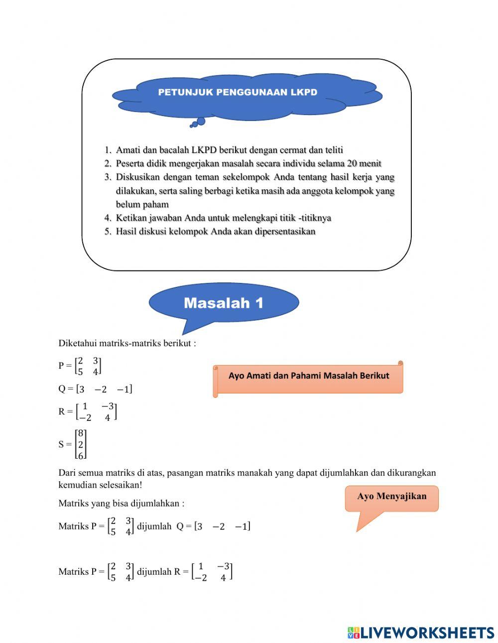 Operasi matriks penjumlahan dan pengurangan worksheet | Live Worksheets