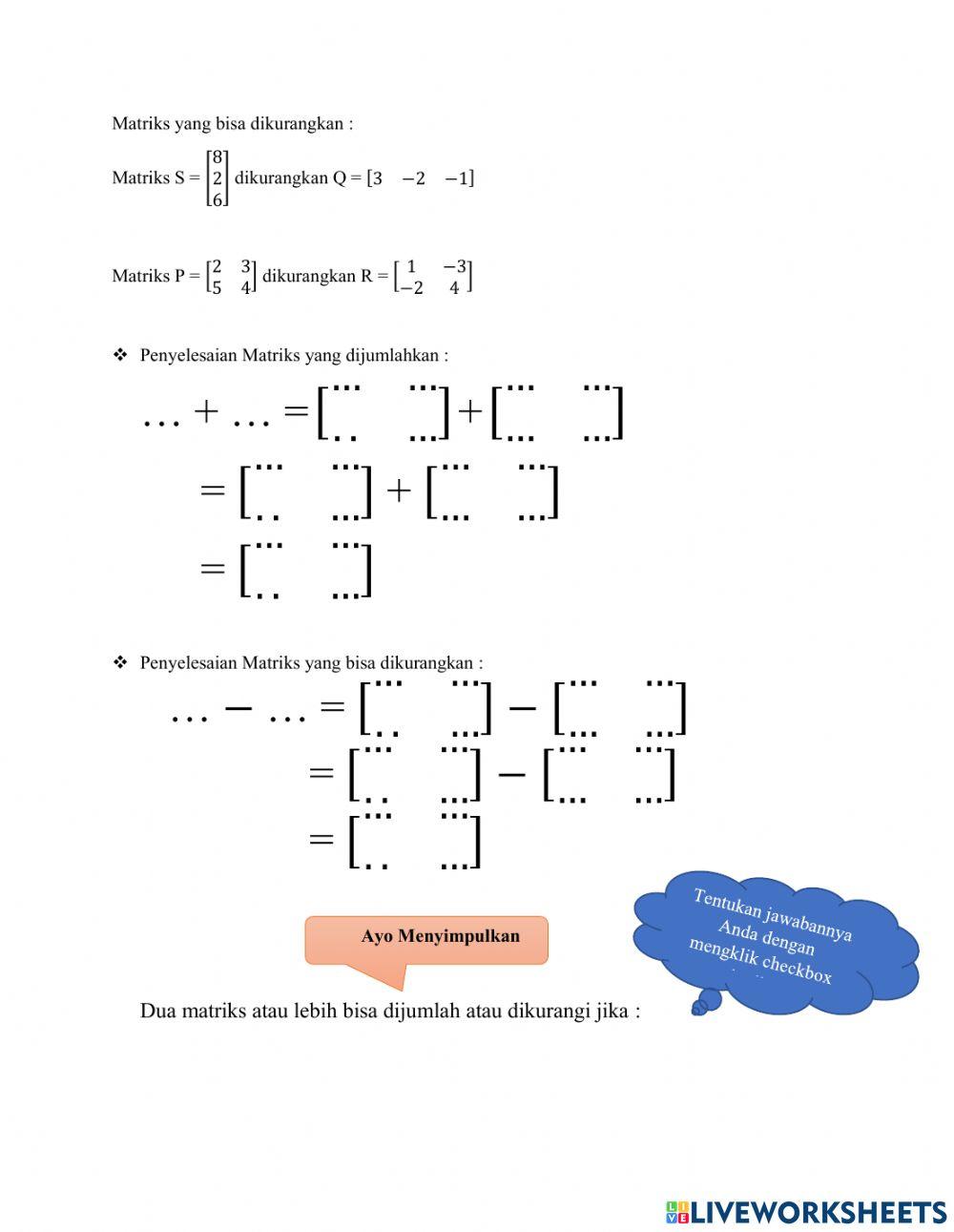 Operasi matriks penjumlahan dan pengurangan worksheet | Live Worksheets