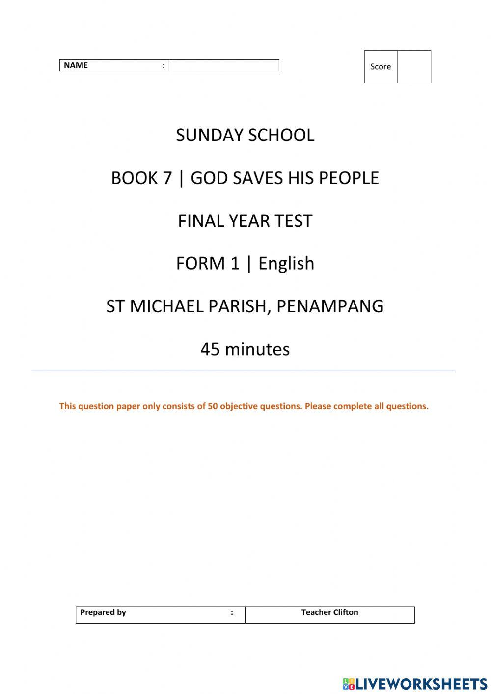 Sunday School final test (book 7) online exercise for | Live Worksheets