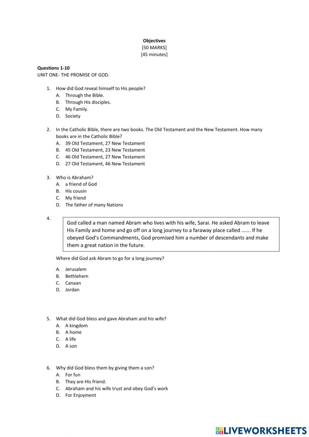 Sunday School final test (book 7) online exercise for | Live Worksheets