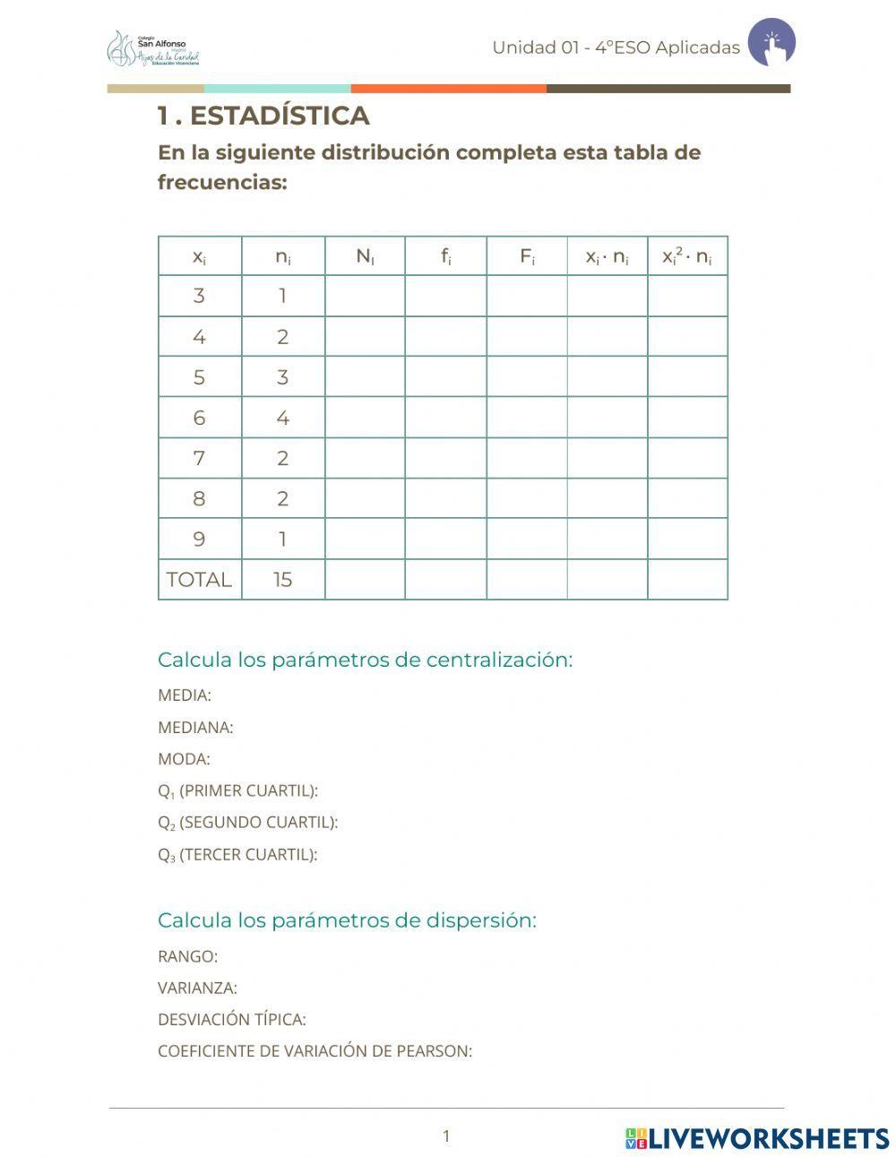 Parámetros dispersión worksheet | Live Worksheets