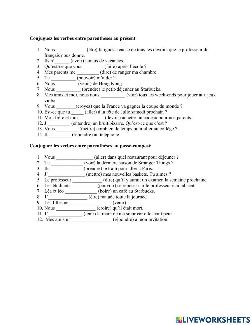 Présent Et Passé Composé Online Exercise For Live Worksheets