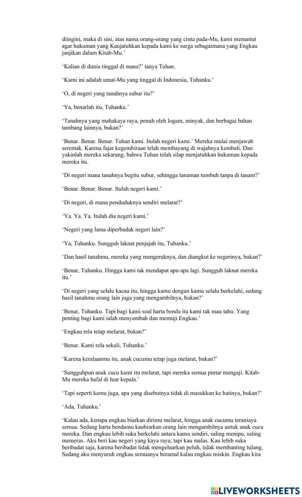 Teks cerpen activity for KELAS 11 | Live Worksheets