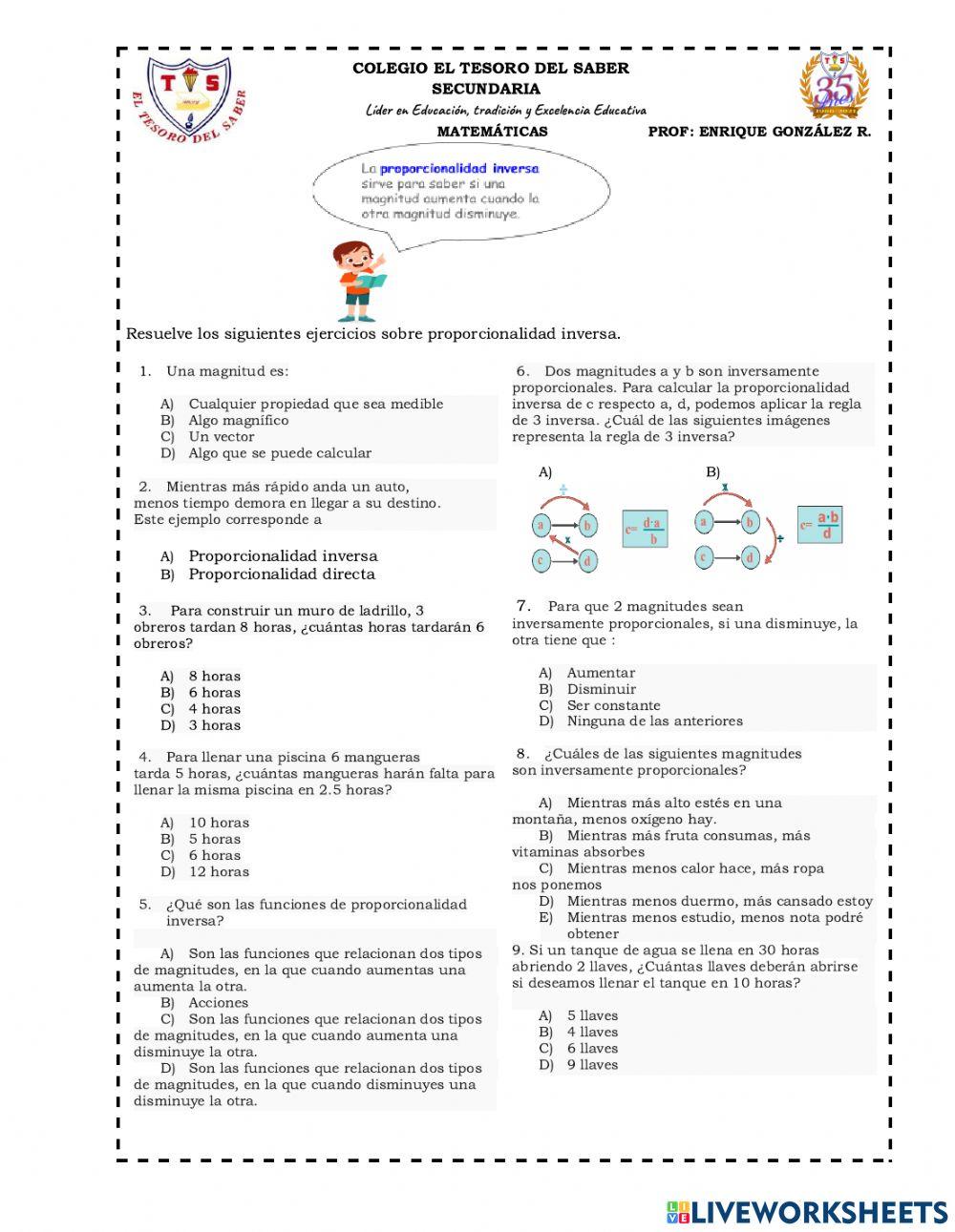 Proporcionalidad inversa Matemáticas worksheet | Live Worksheets