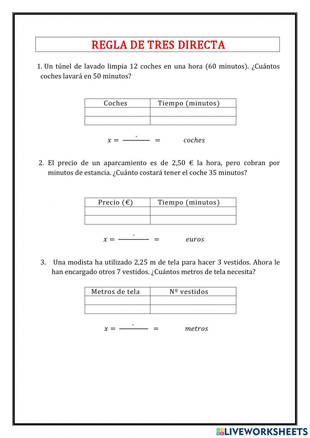 Regla de tres | Free Interactive Worksheets | 2226526