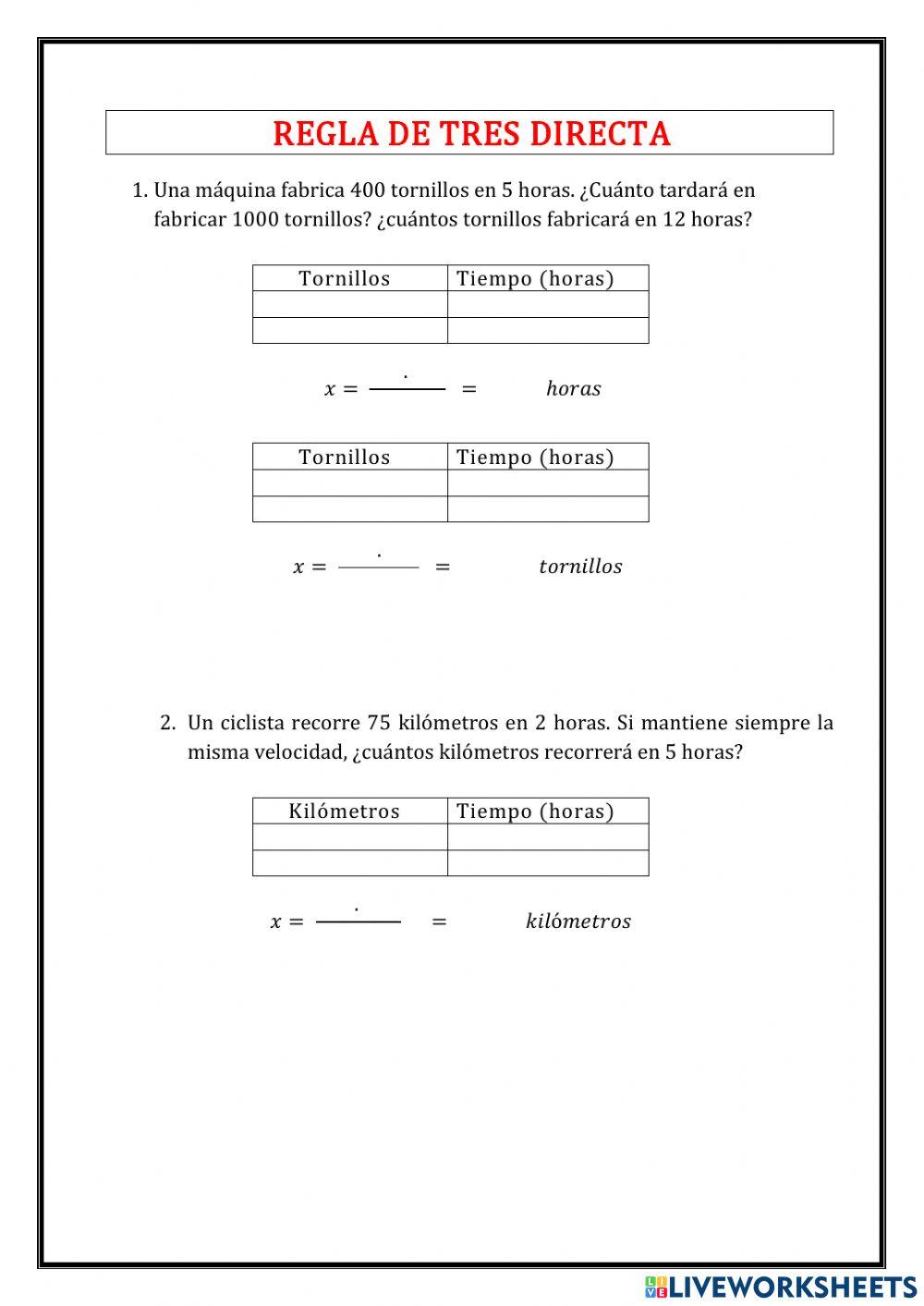 Pdf online exercise: Regla de tres | Live Worksheets
